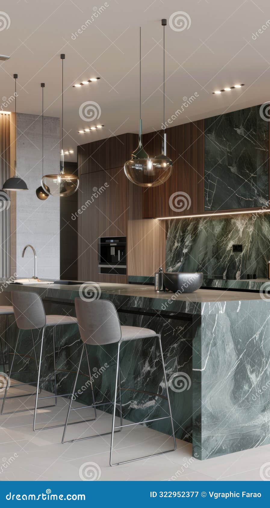 Modern Kitchen with Marble Countertops and Elegant Pendant Lights Stock ...