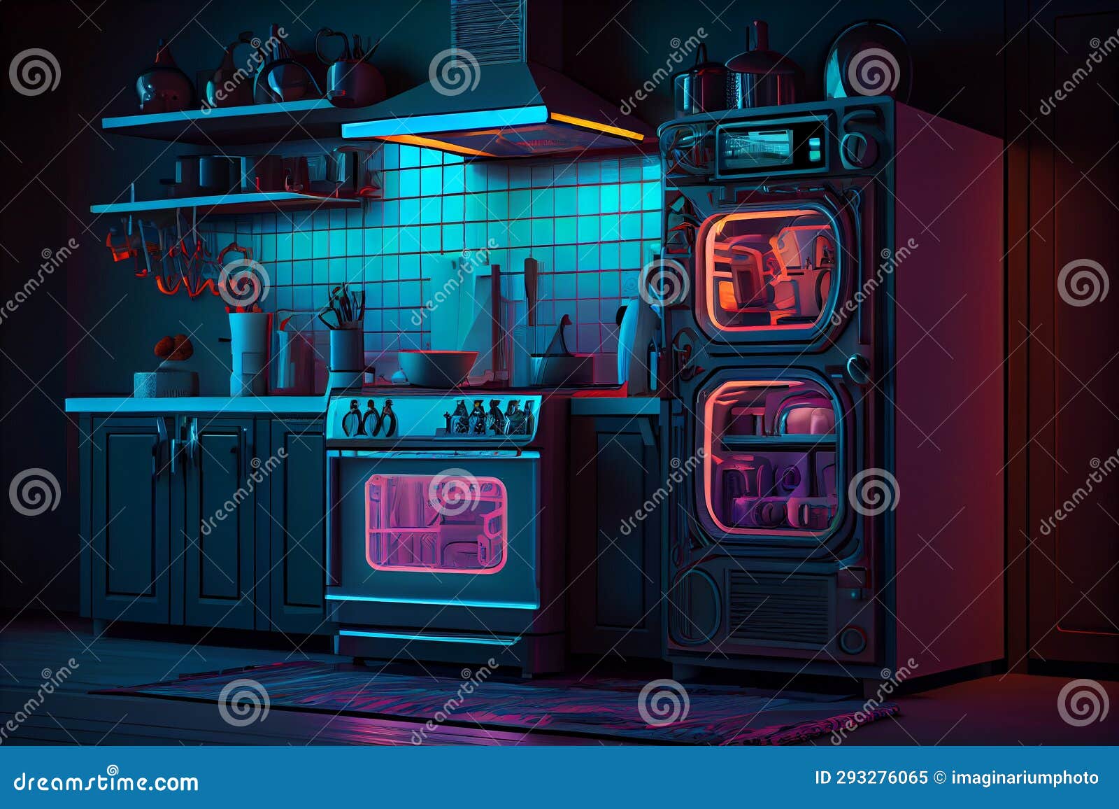 Modern Kitchen with Neon Lights in the Evening. Smart House Interior ...