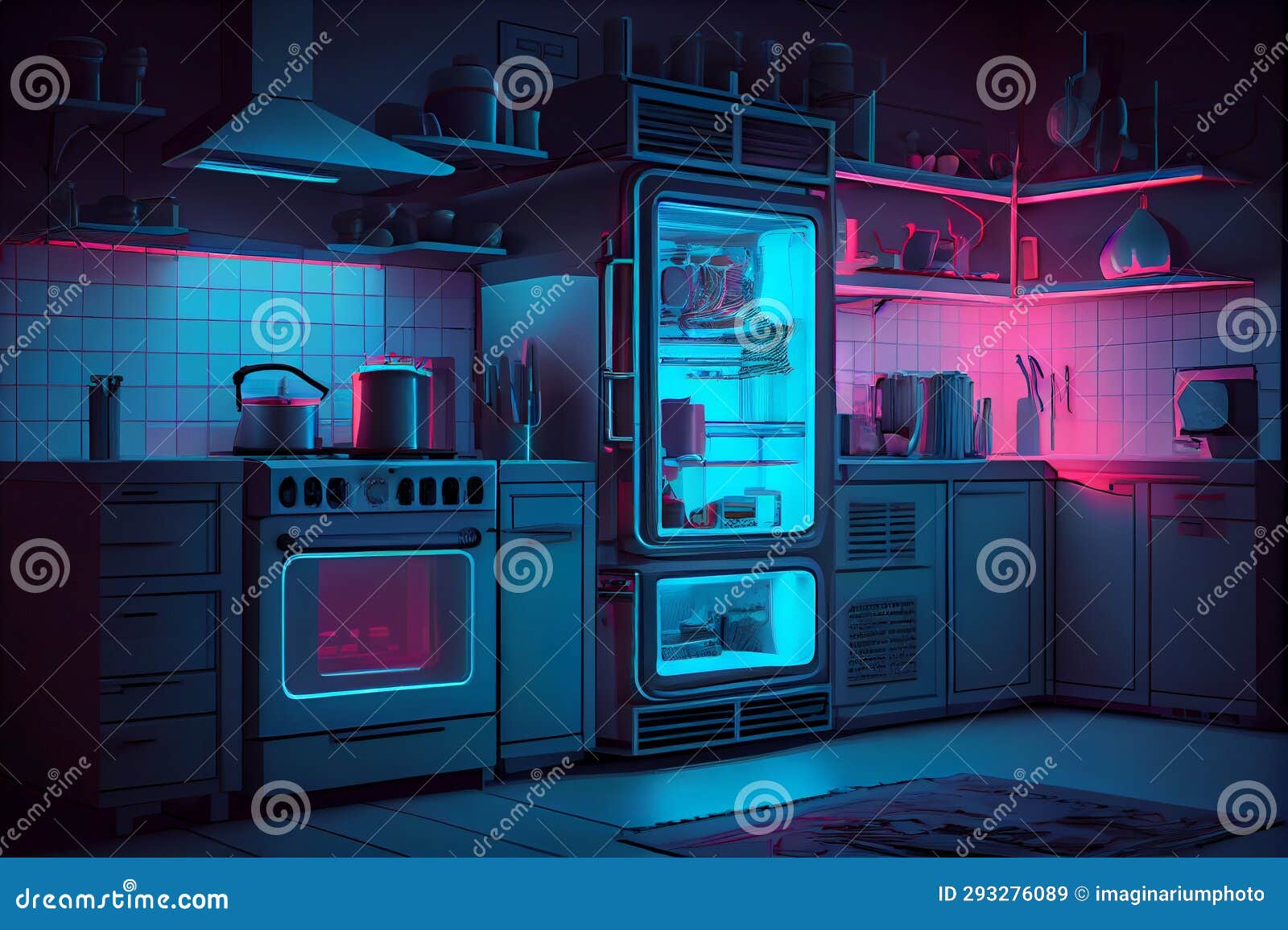 Modern Kitchen with Neon Lights in the Evening. Smart House Interior ...