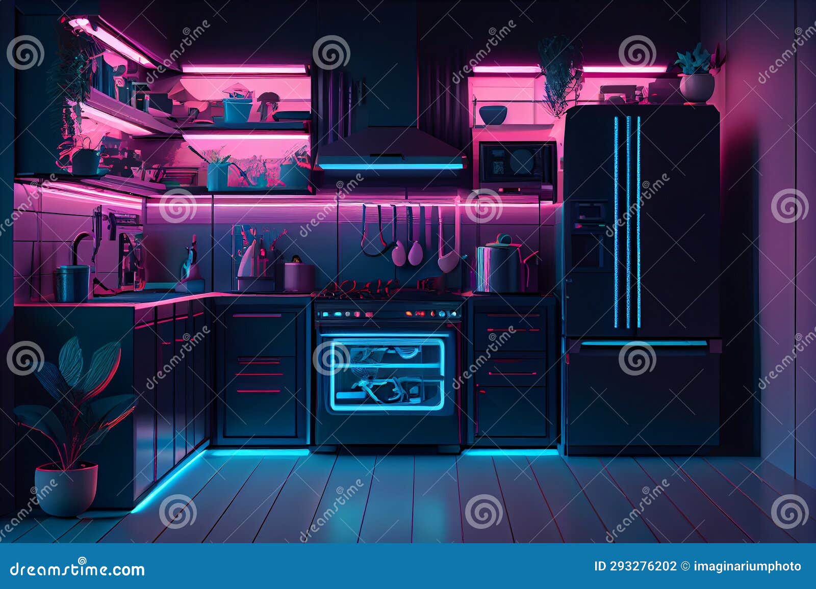 Modern Kitchen with Neon Lights in the Evening. Smart House Interior ...