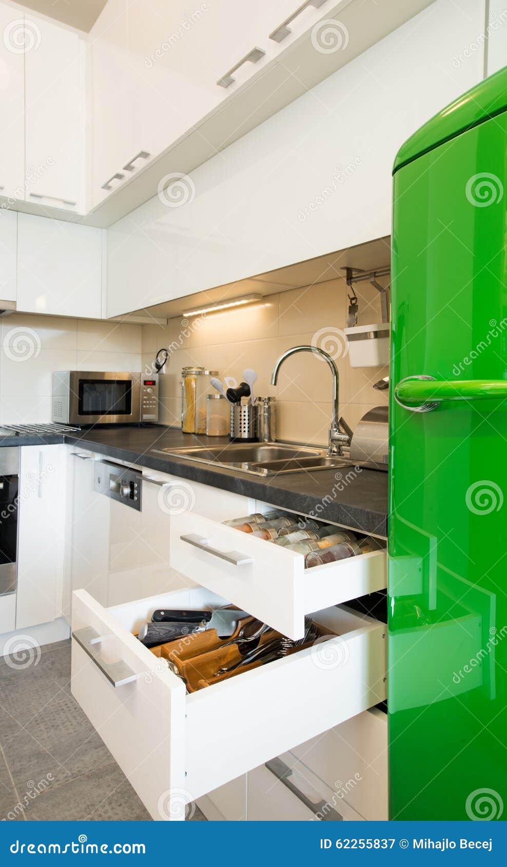 Modern Kitchen with Open Drawers Stock Image - Image of floor, counter ...