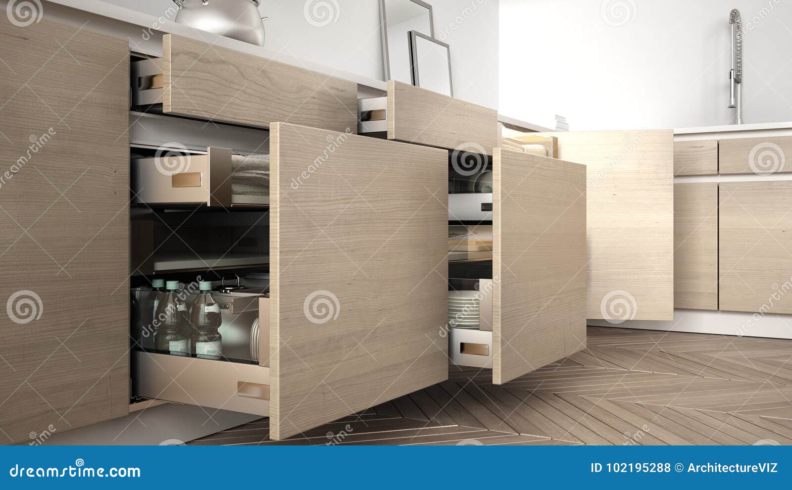 Modern Kitchen, Opened Wooden Drawers with Accessories Inside, S Stock ...