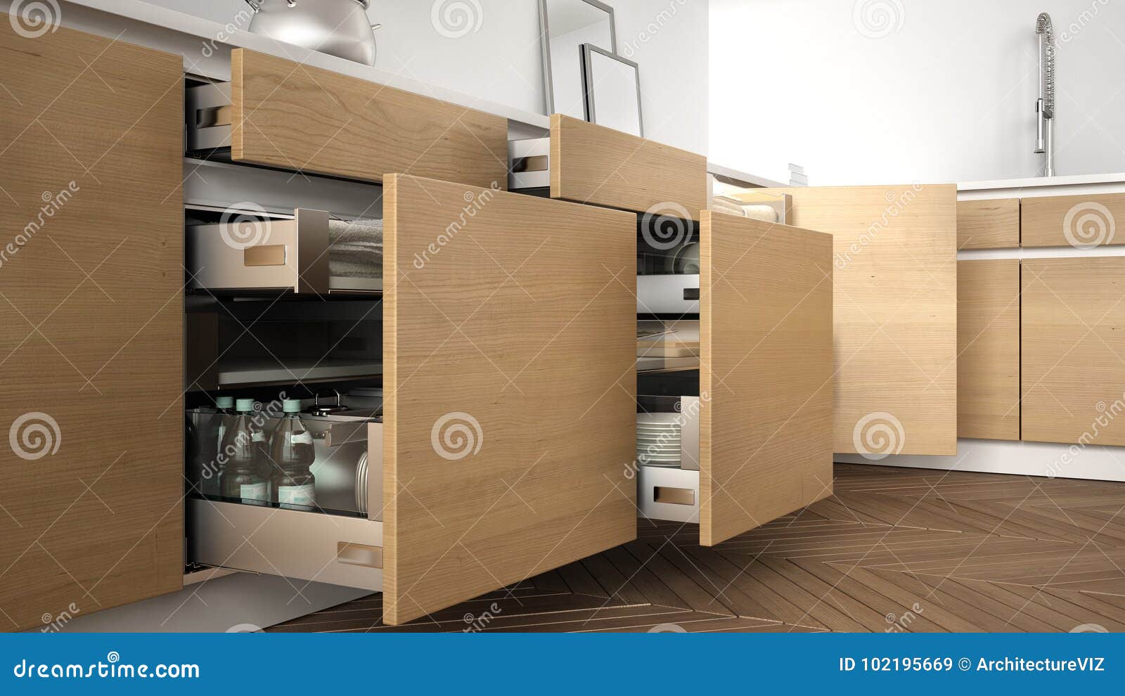 Modern Kitchen, Opened Wooden Drawers with Accessories Inside, S Stock ...
