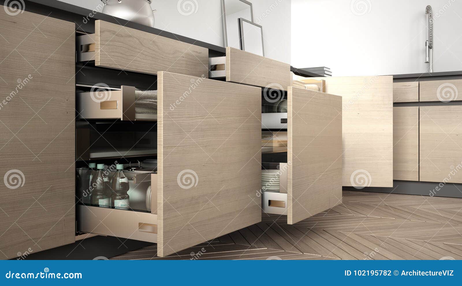 Modern Kitchen, Opened Wooden Drawers with Accessories Inside, S Stock ...