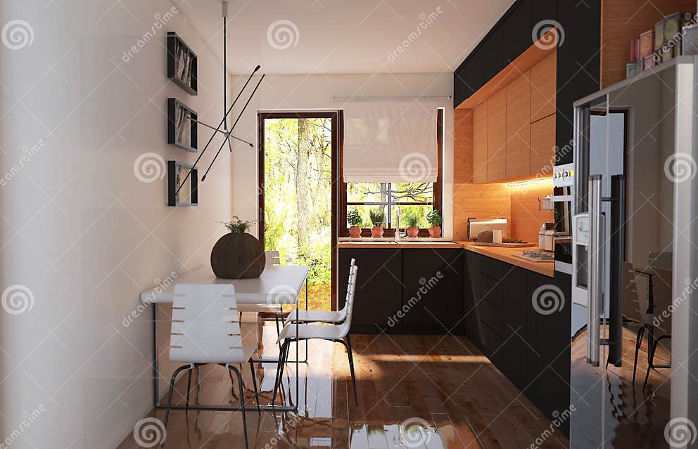 Modern Kitchen with Outdoor View Stock Photo - Image of exclusive ...
