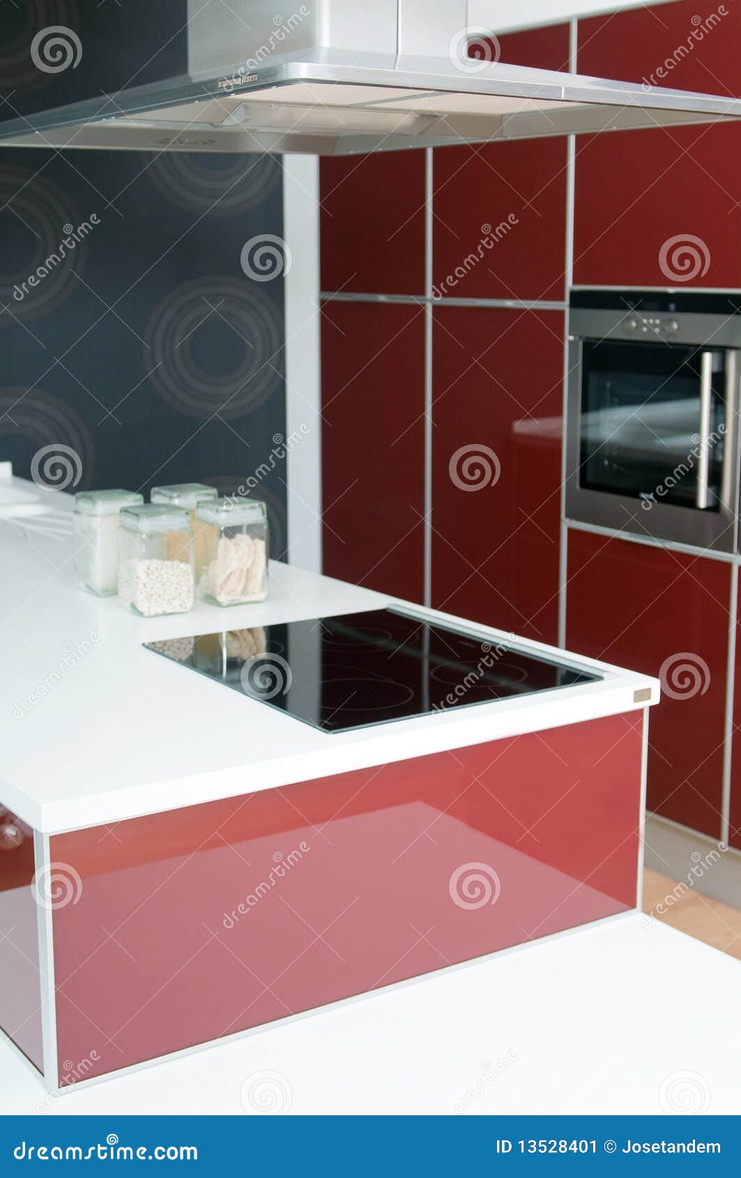 Modern Kitchen with Oven in Red Tones Stock Image - Image of clean ...