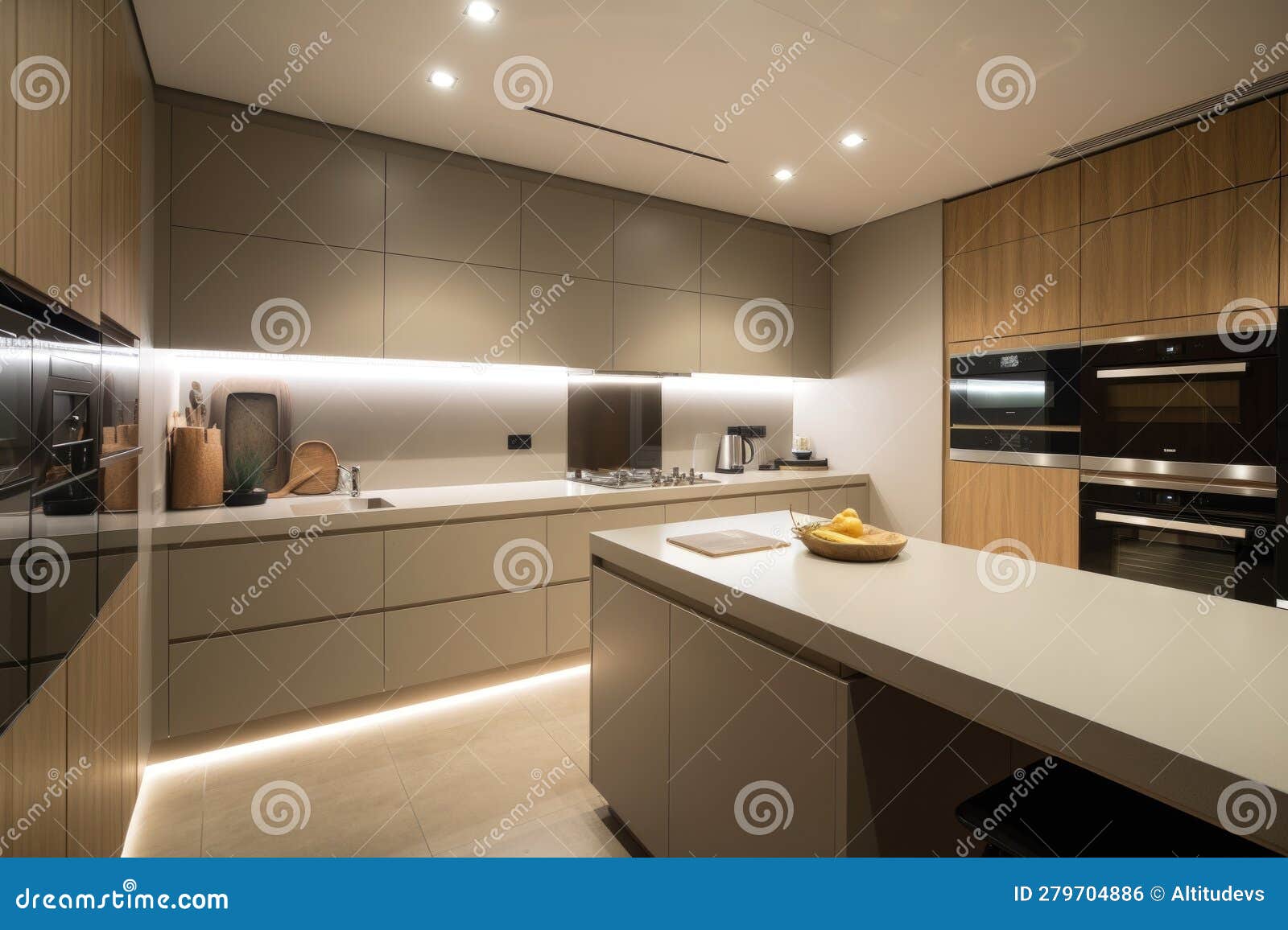 Modern Kitchen, with Overhead Lighting and Under-cabinet Lights ...