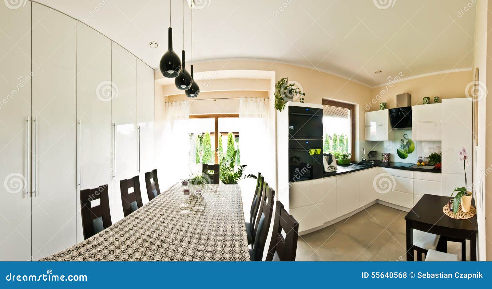 Modern kitchen panorama stock photo. Image of stitch - 55640568