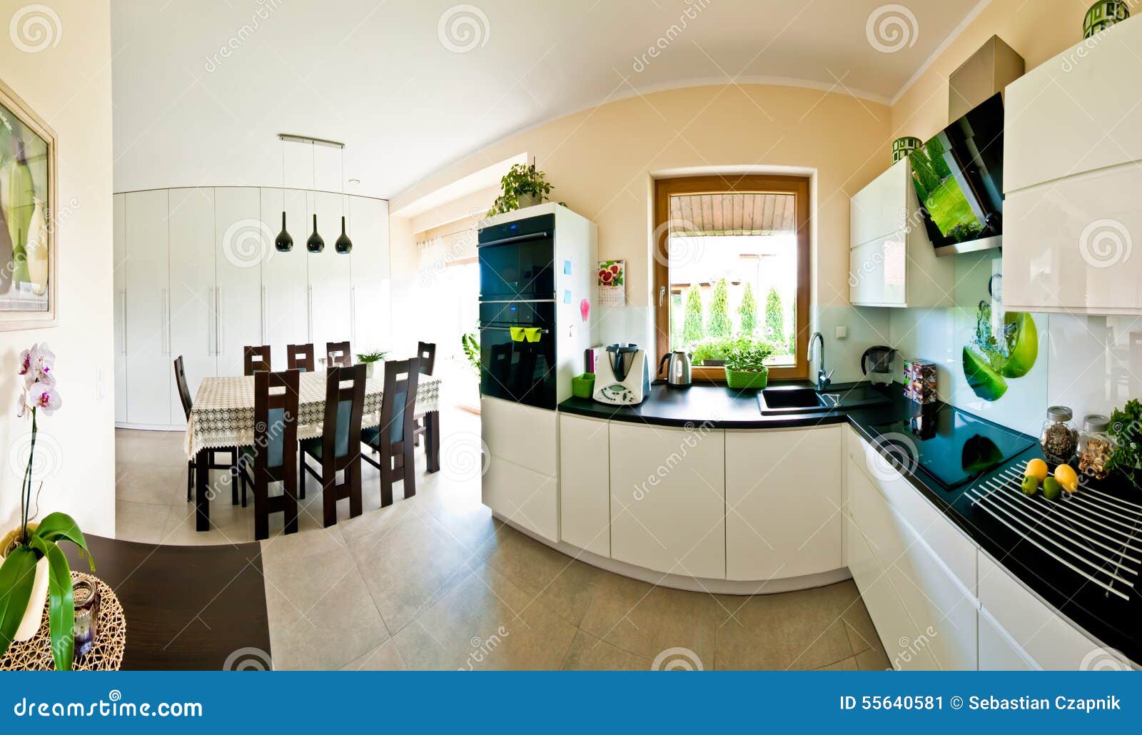 Modern kitchen panorama stock image. Image of room, panorama - 55640581