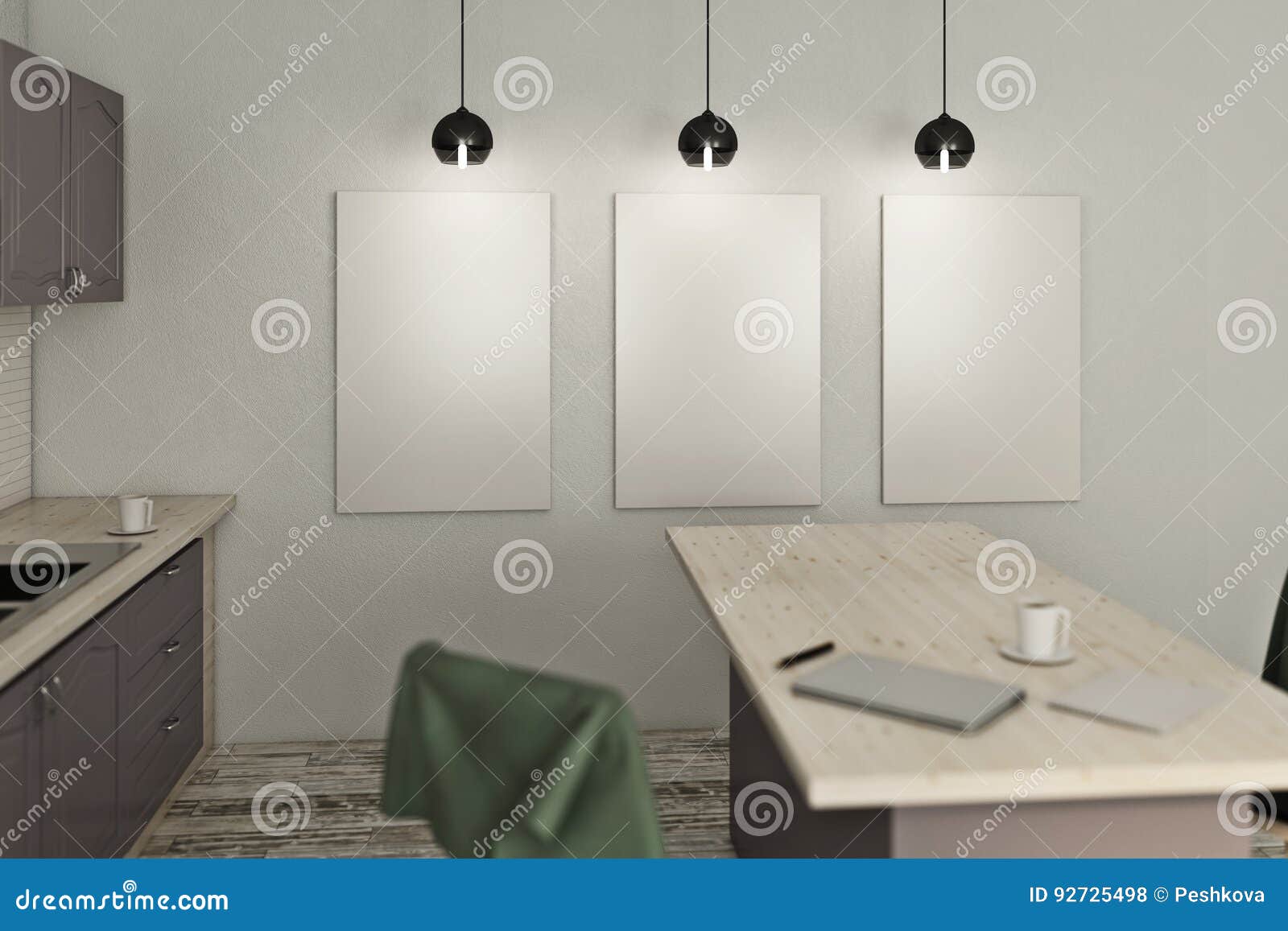 Modern Kitchen with Posters Stock Photo - Image of green, cloth: 92725498