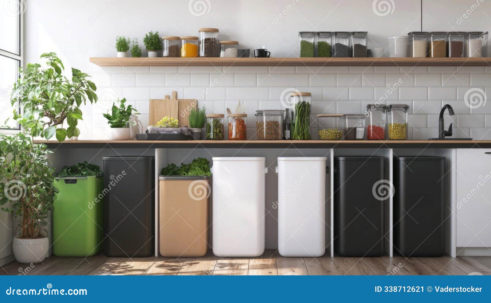 Modern Kitchen with Recycling Bins and Pantry Storage Stock ...