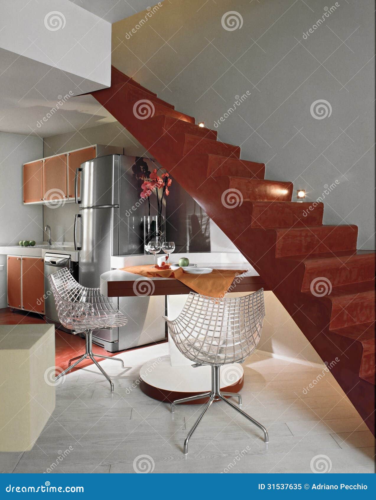 Modern Kitchen with Red Staircase Stock Image - Image of wood, floor ...