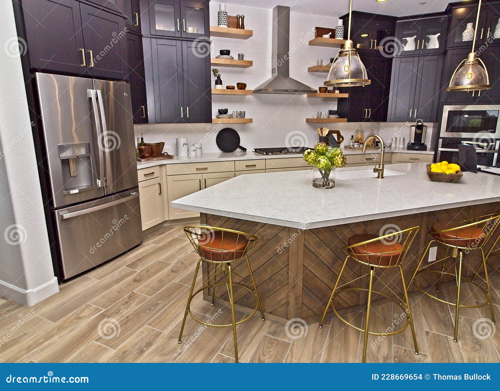 Modern Kitchen with Rich Cabinetry and Island Stock Photo - Image of ...