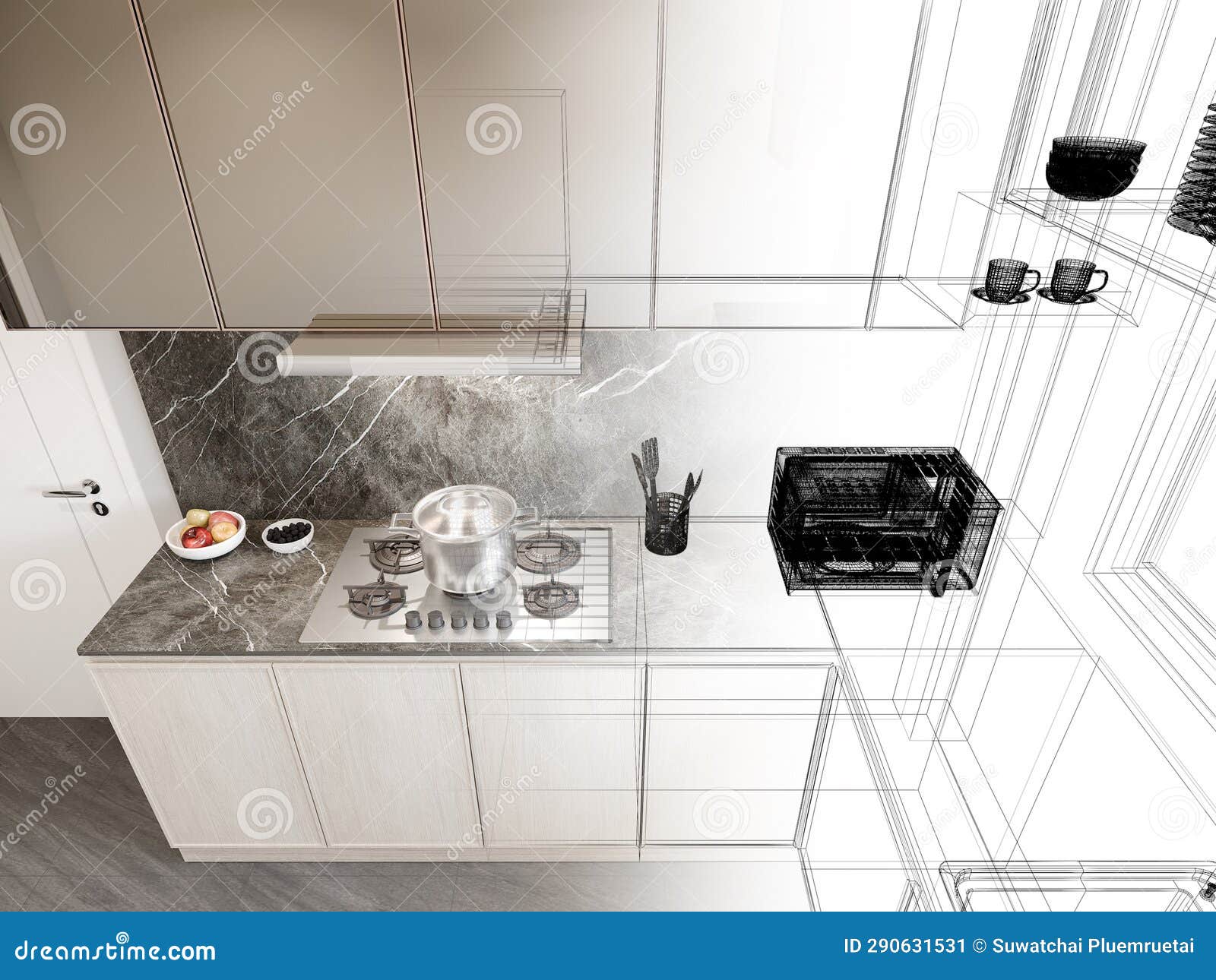 Modern Kitchen Room Interior Design, 3d Stock Illustration ...