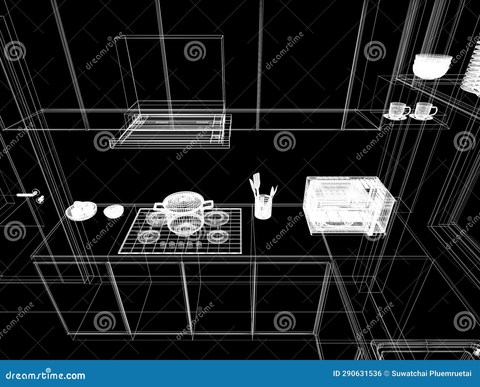 Modern Kitchen Room Interior Design, 3d Stock Illustration ...