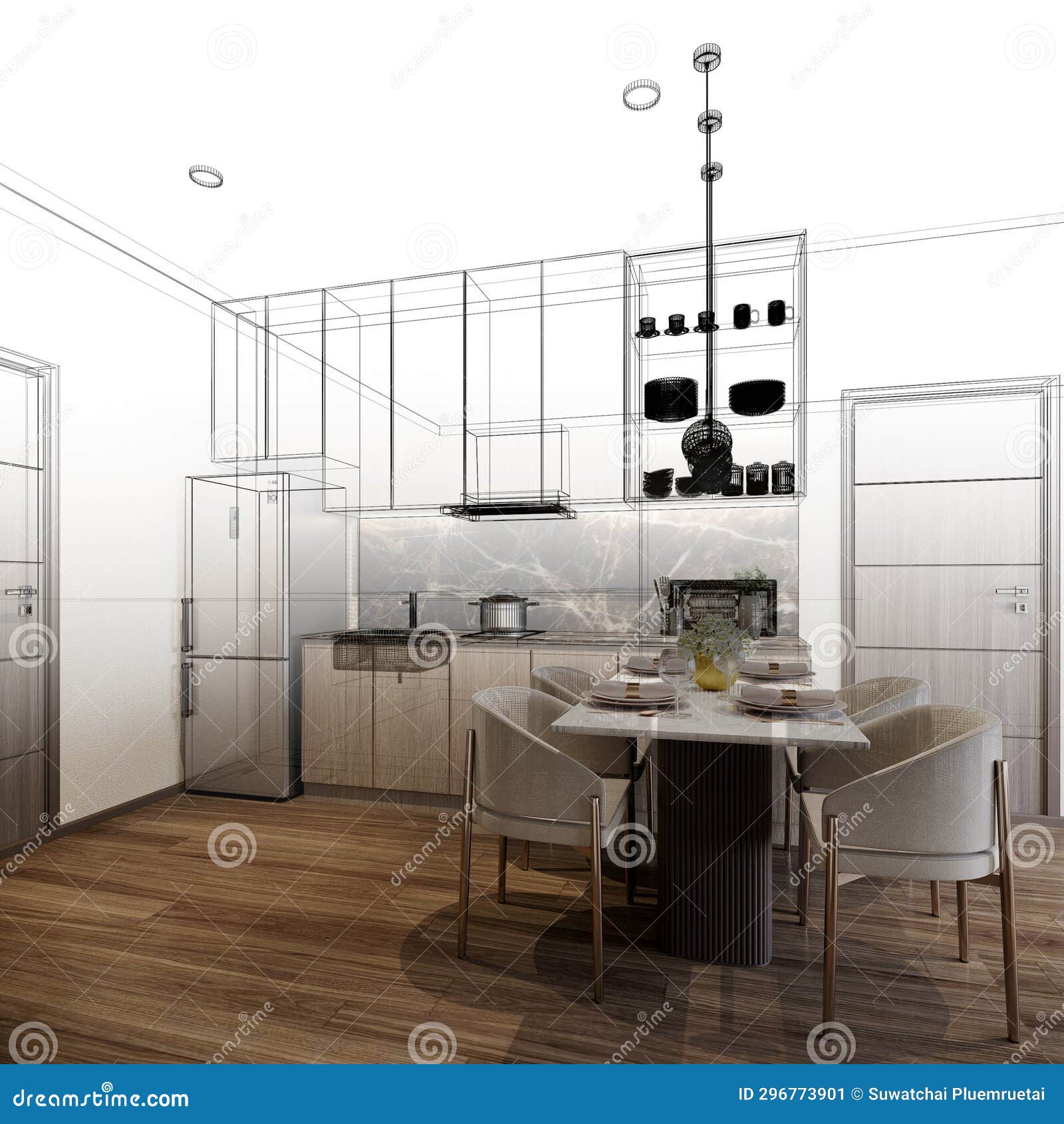 Modern Kitchen Room Interior Design, 3d Stock Illustration ...
