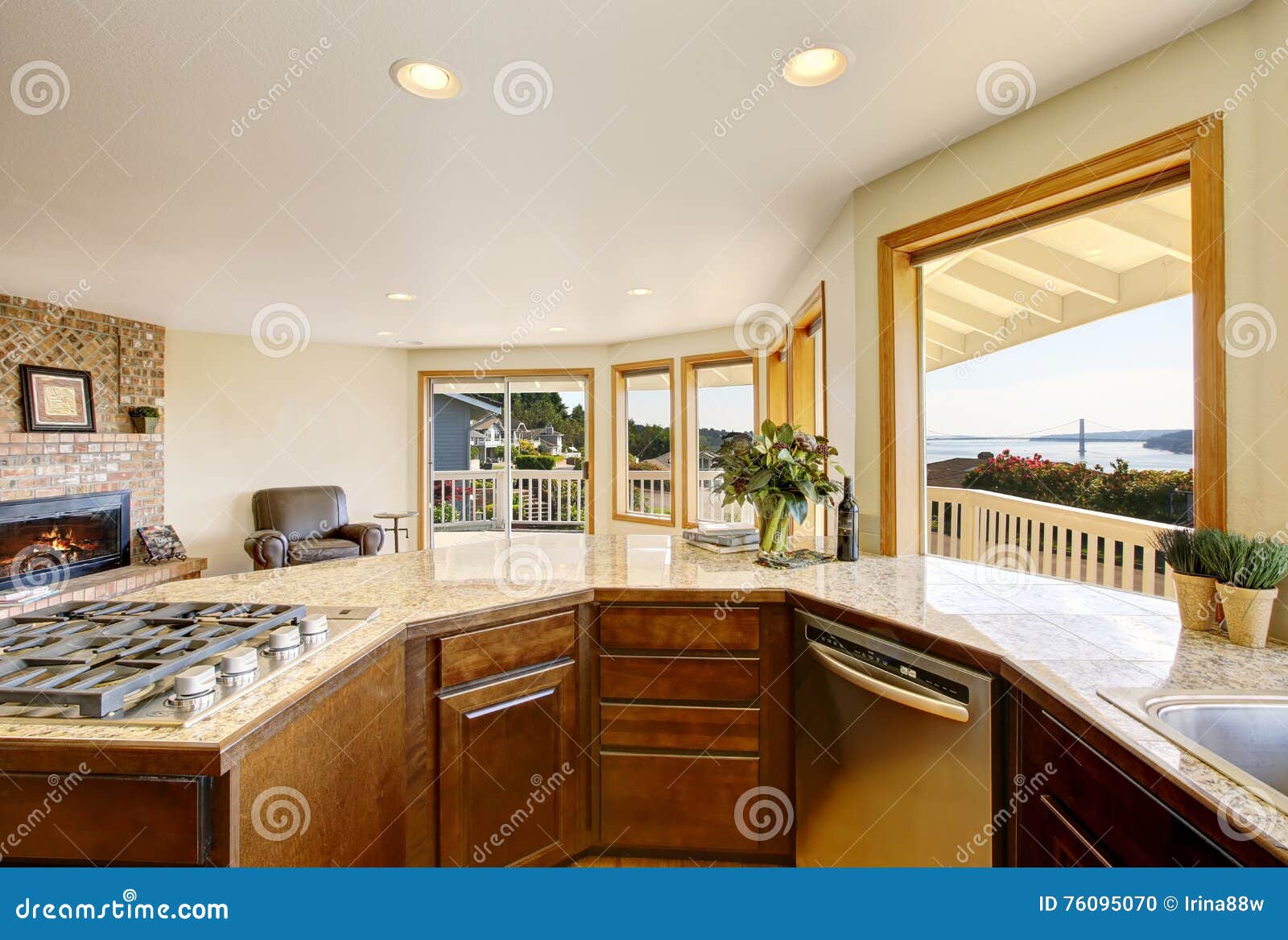Modern Kitchen Room Interior with Many Windows and Perfect View. Stock ...