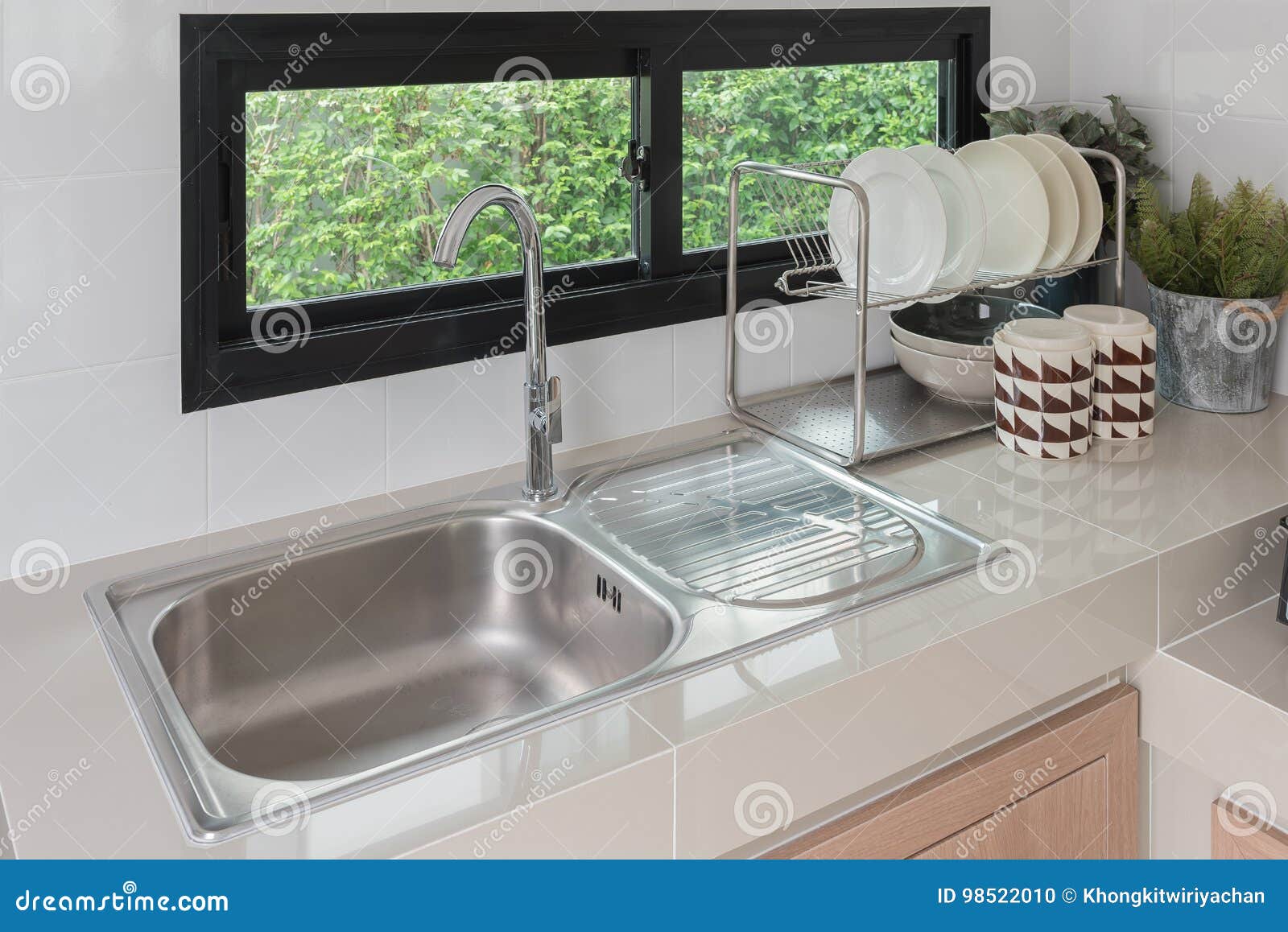Modern Kitchen Room with Sink on Counter Stock Photo - Image of counter ...