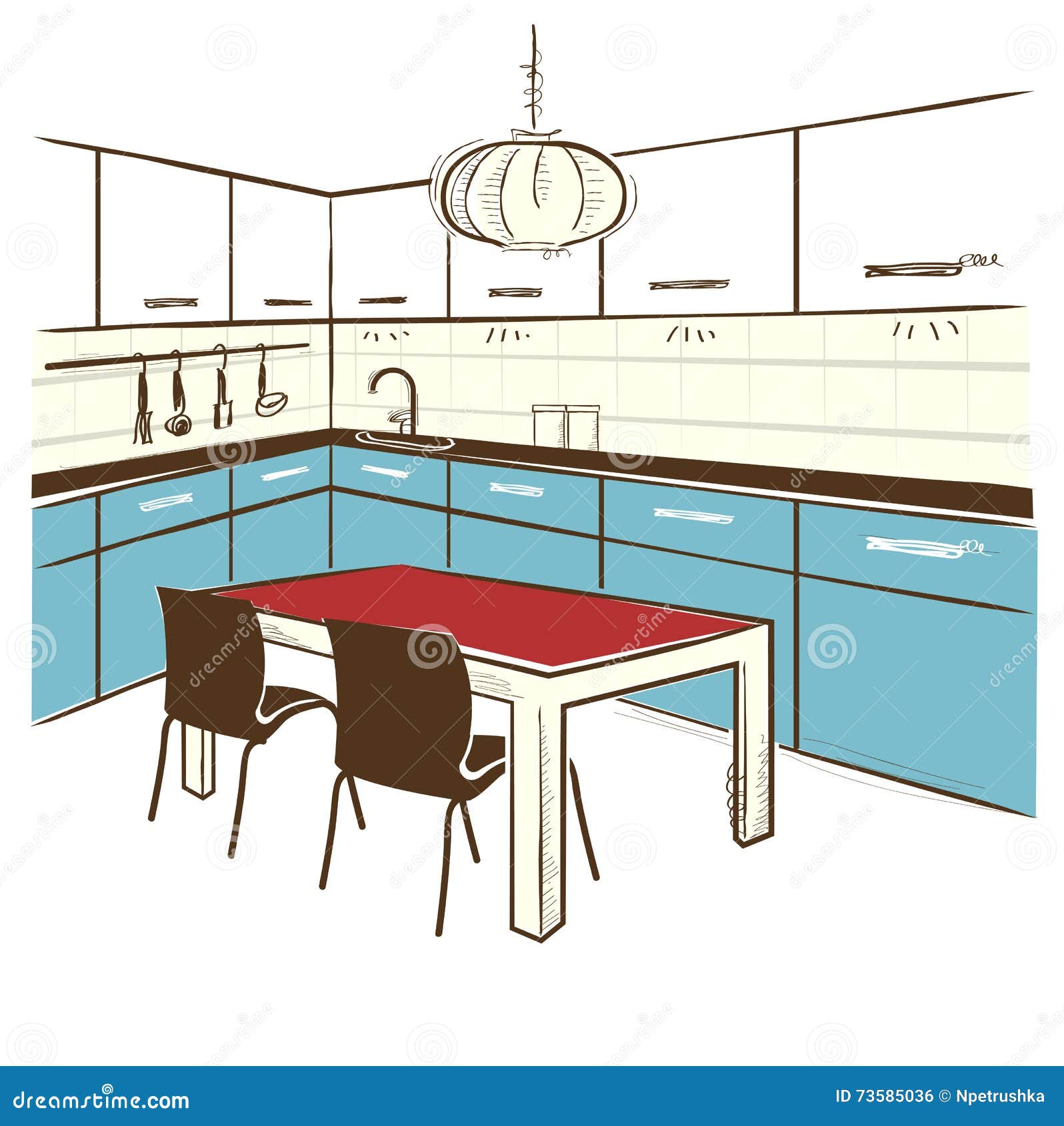 Modern Kitchen Room.Vector Color Sketchy Illustration on White Stock ...