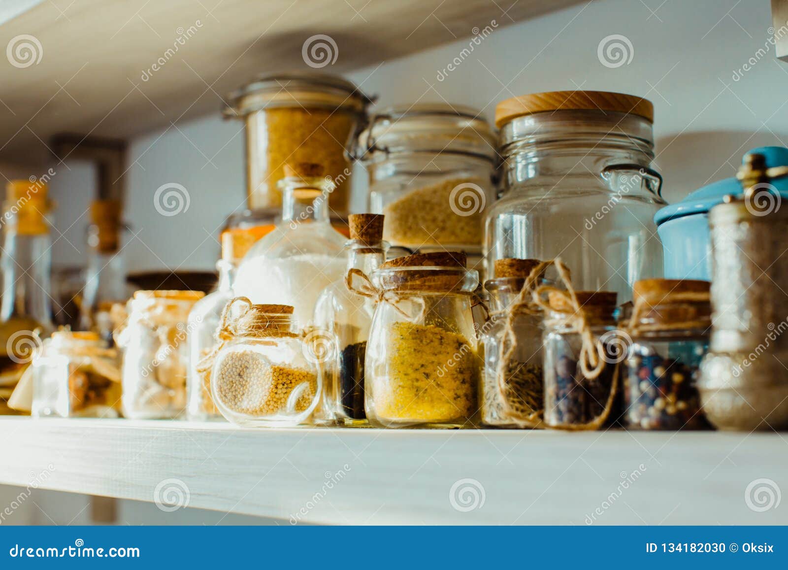 Modern Kitchen Shelves with Various Food Ingredients Stock Photo ...
