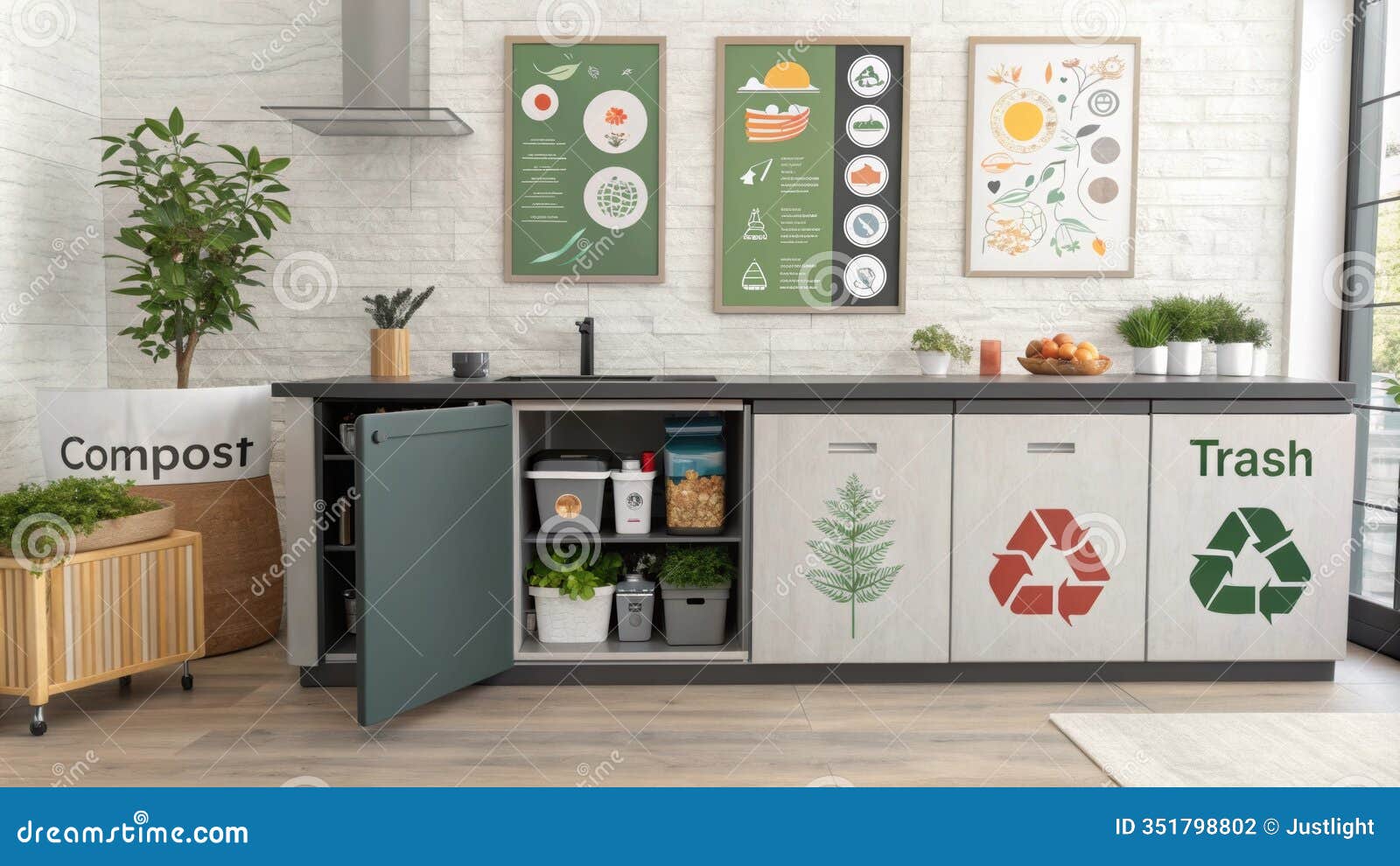 Modern Kitchen Showing Sustainable Practices with Recycling and Compost ...