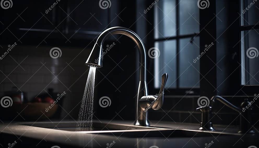 Modern Kitchen Sink with Chrome Faucet and Running Water Reflection ...