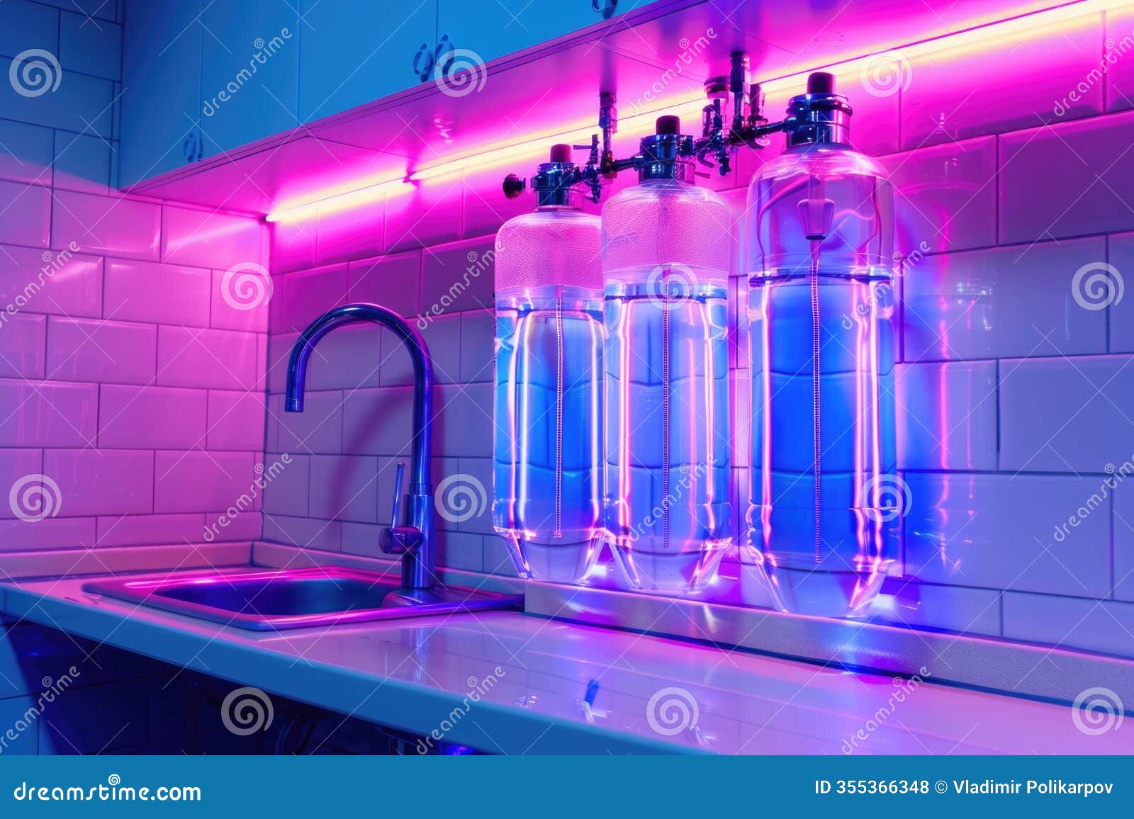 A Modern Kitchen with a Sink and Neon Lighting Stock Photo - Image of ...