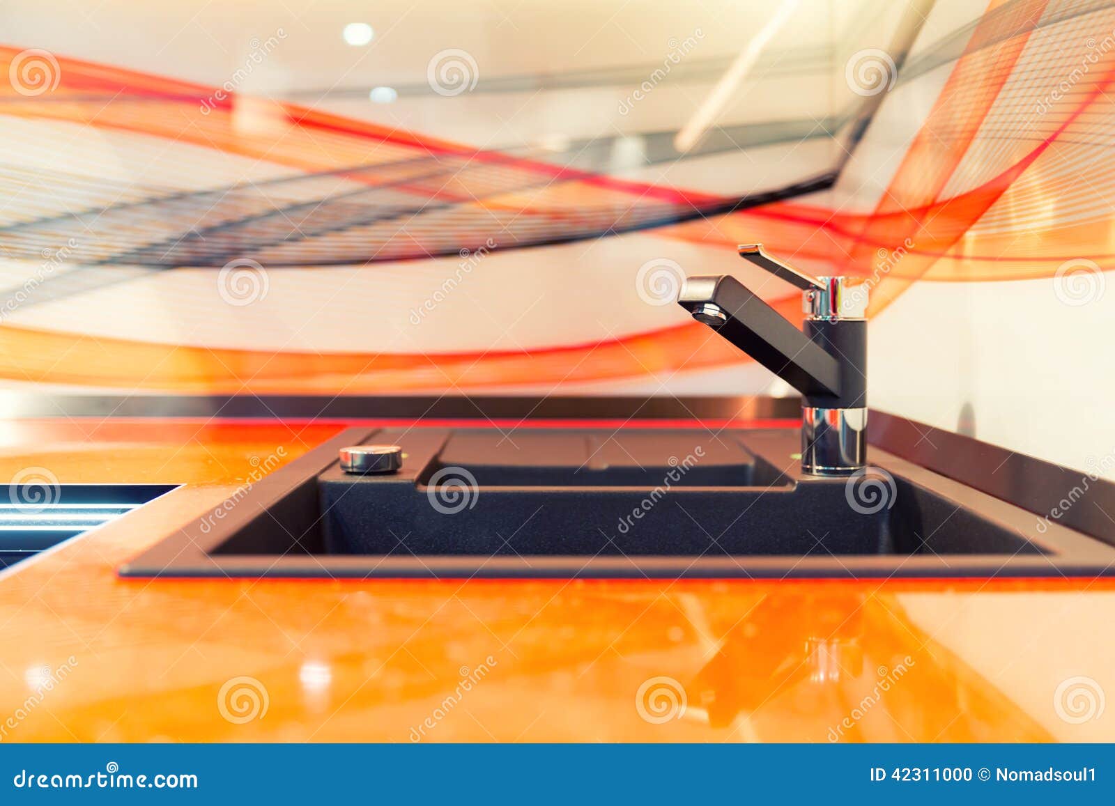 Modern Kitchen Sink in Orange Ceramic Stock Photo - Image of faucet ...