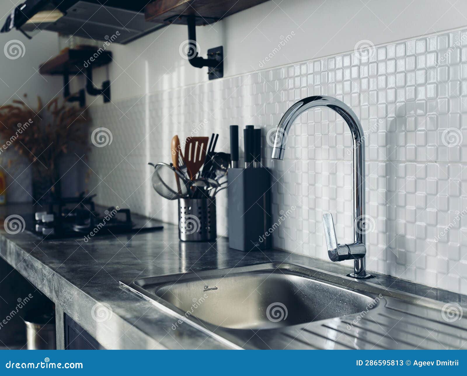 Modern Kitchen Sink, Stylish Interior. Stock Image - Image of clean ...