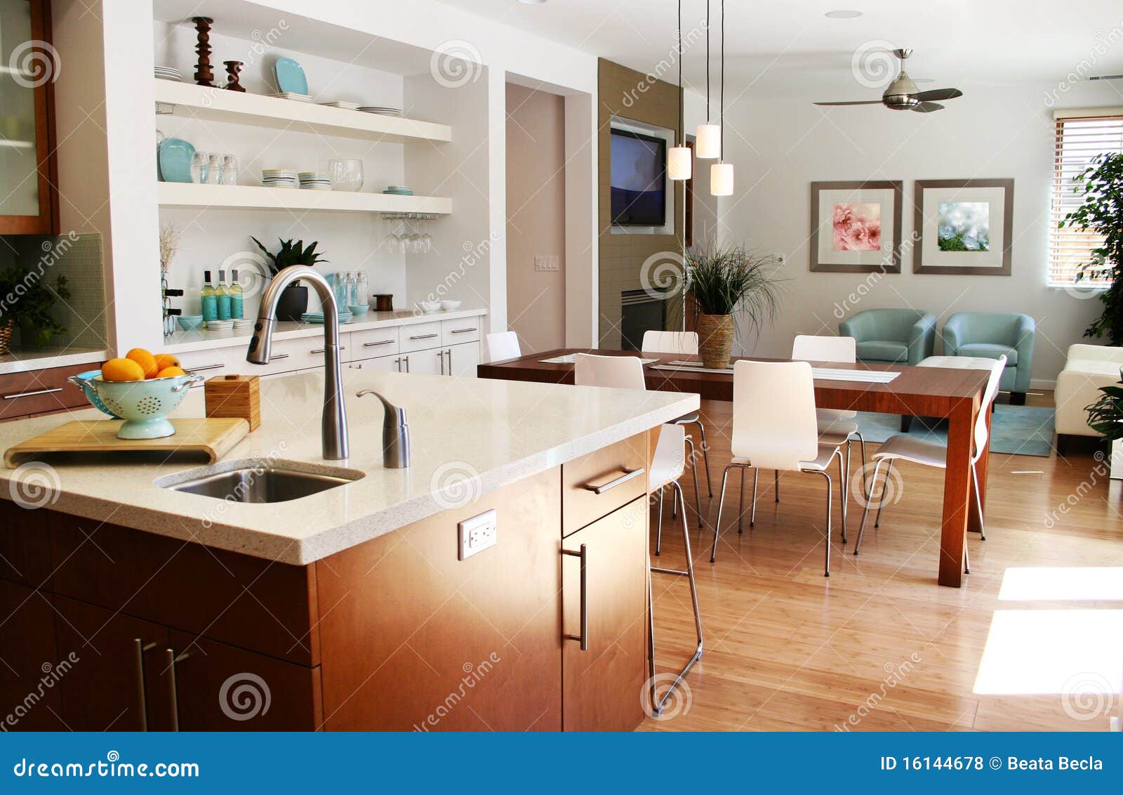 Modern Kitchen with Sitting and Dining Area Stock Photo - Image of ...