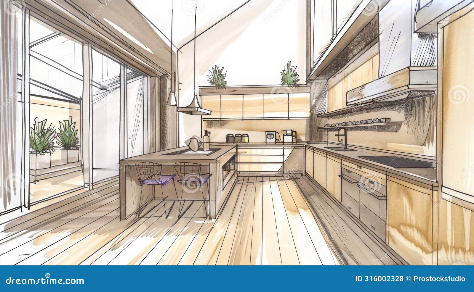 Modern Kitchen Sketch with Natural Light and Open Layout Stock Photo ...