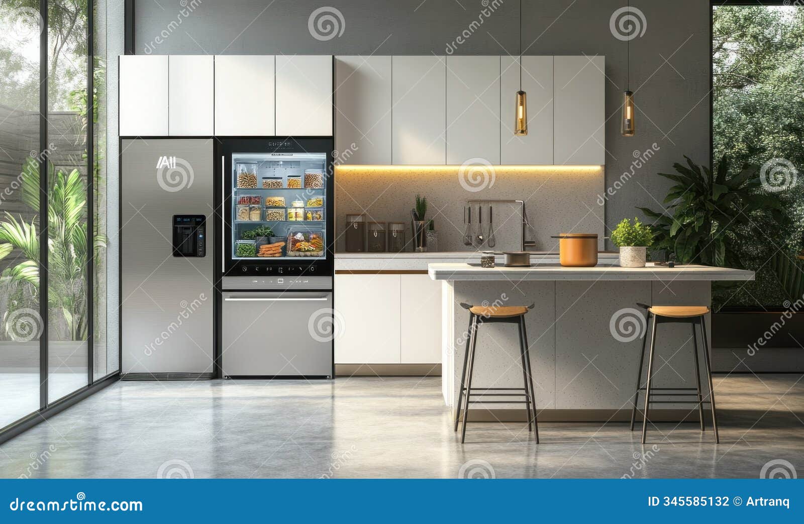 Modern Kitchen with Smart Fridge and Minimalist Design Stock Photo ...