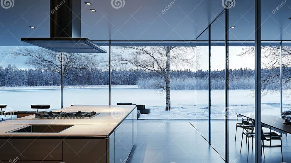 Modern Kitchen with Snowy Forest View through Expansive Windows Stock ...