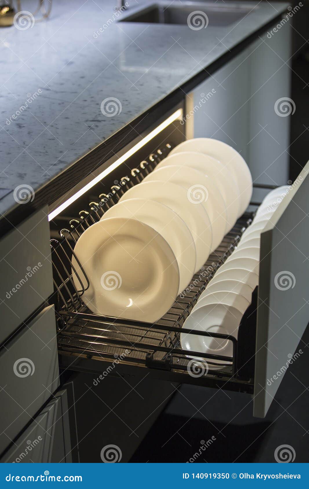 Modern Kitchen, Storage Space for Plates, Illuminated Drawer in Luxury ...
