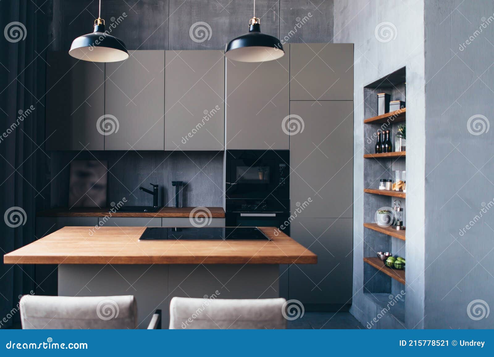 Modern Kitchen with Table and Built-in Hob. Stock Image - Image of ...