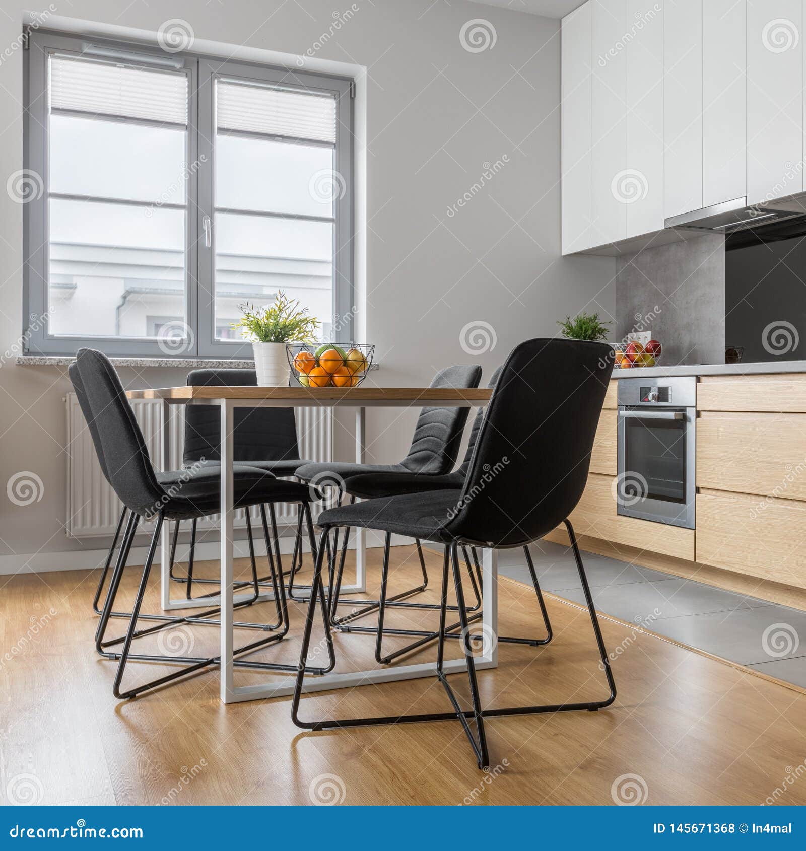Modern Kitchen with Long Table Stock Photo - Image of flat, interior ...