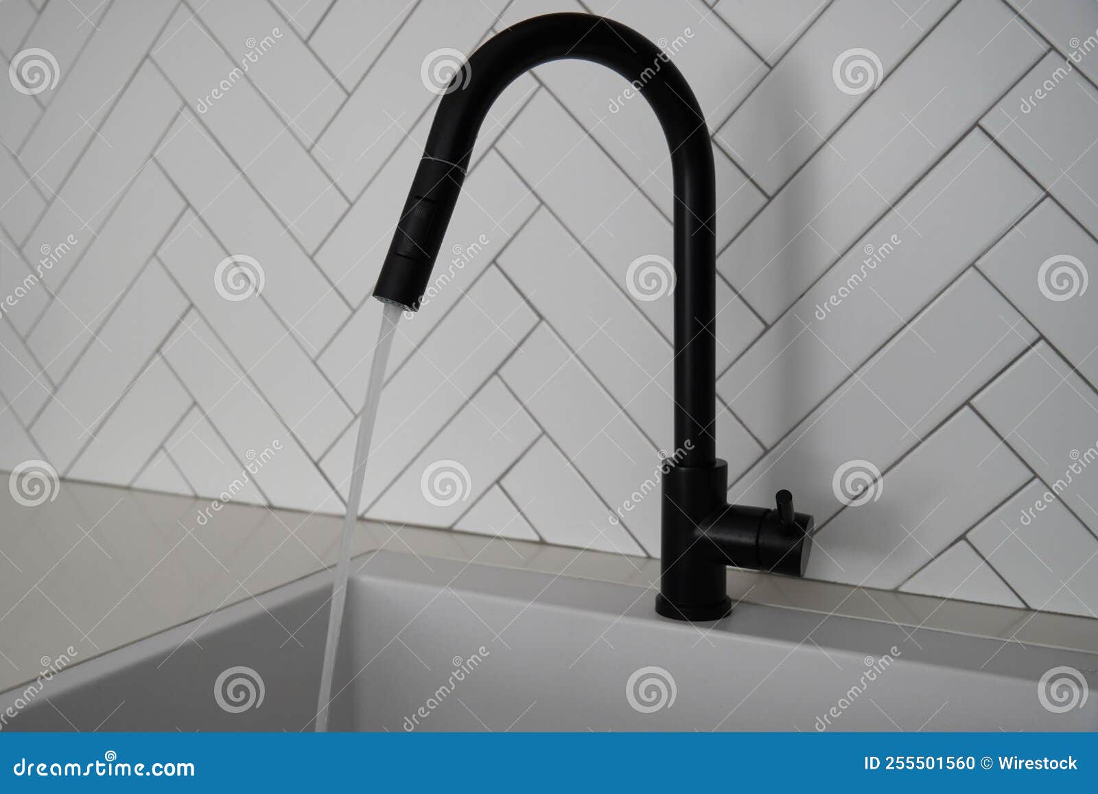 Modern Kitchen Tap with Clear Water Running Stock Photo - Image of ...