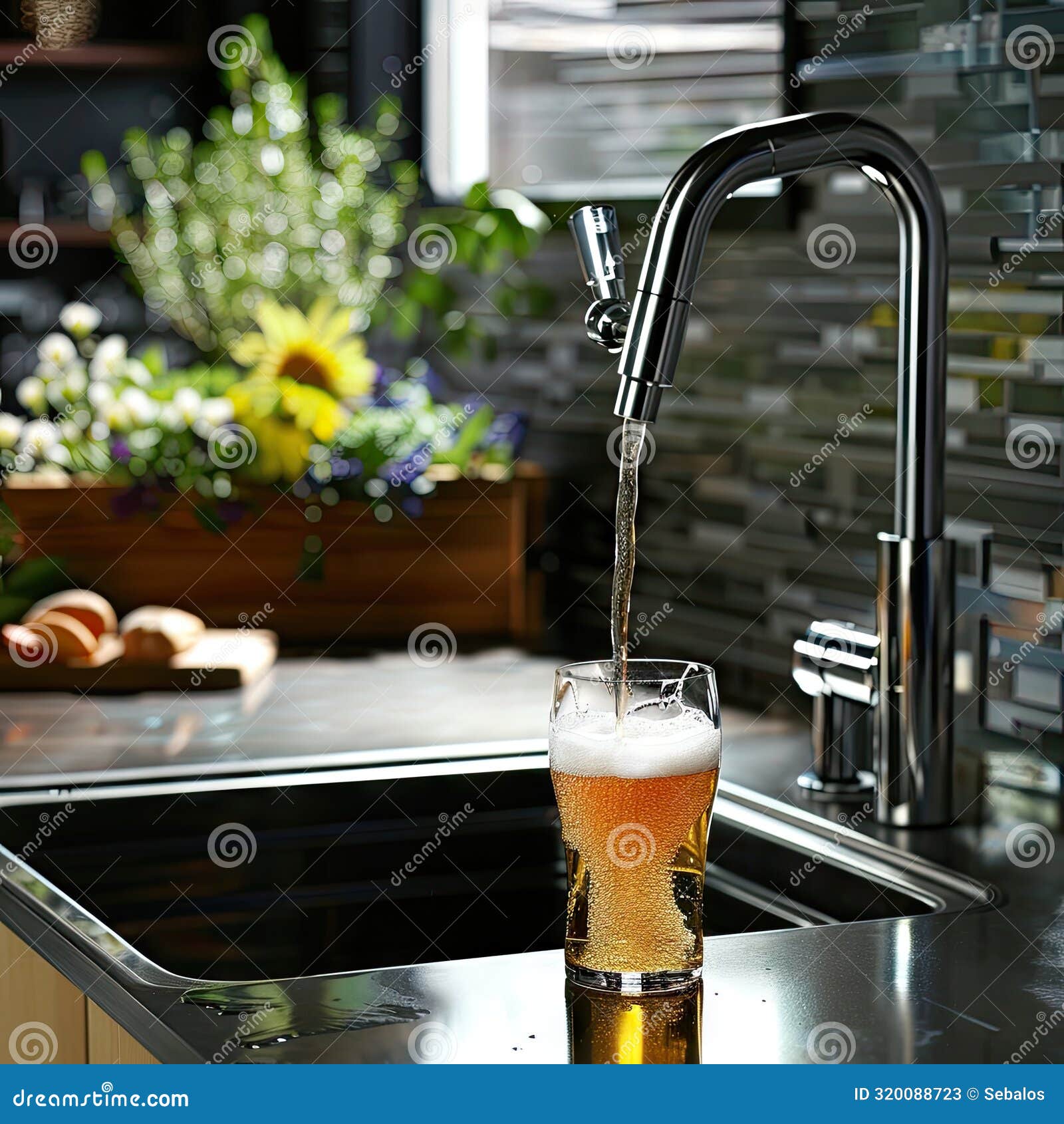 Modern Kitchen Tap Pouring Beer Into Glass On Counter Stock