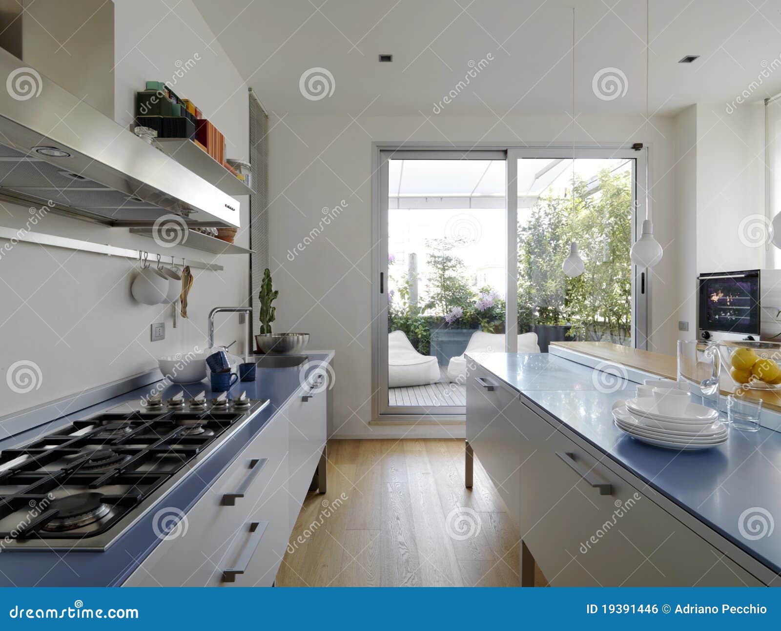Modern Kitchen with Terrace Stock Photo - Image of kitchen, floor: 19391446