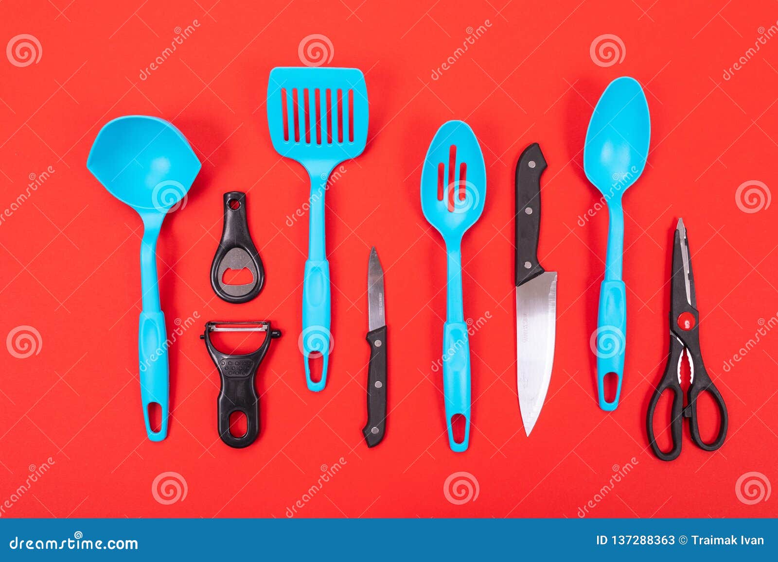 Top View of Stylish Kitchen Utensils Isolated on Red Background Stock ...