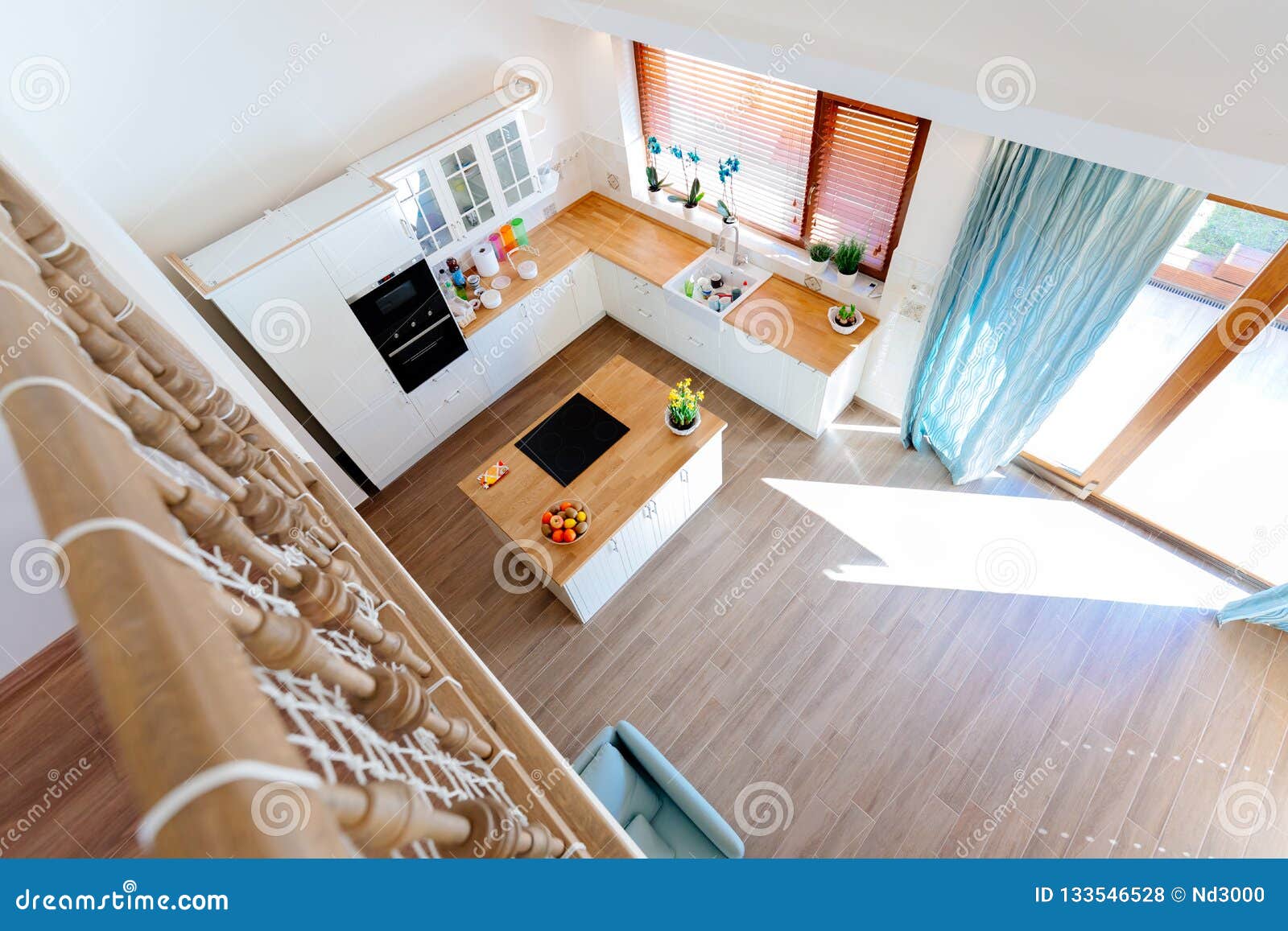 Modern kitchen top view stock photo. Image of furnished - 133546528