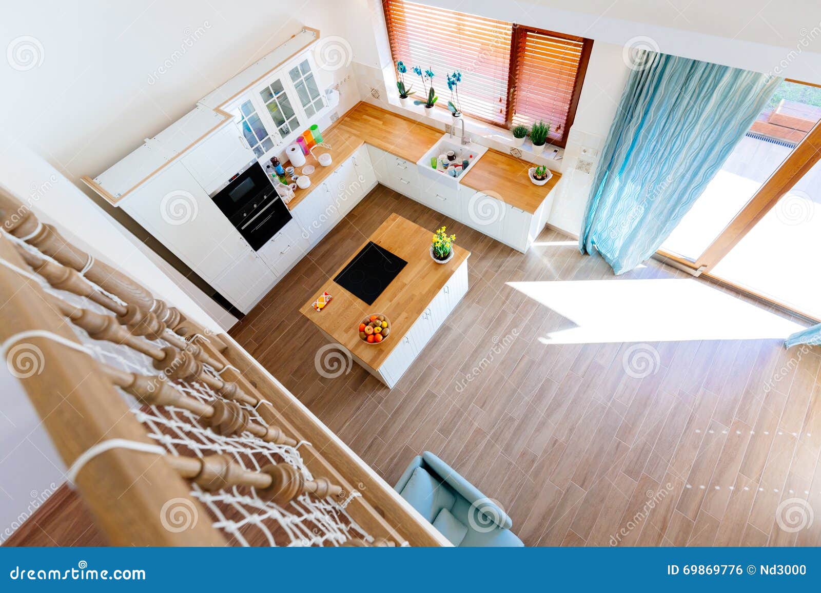 Modern kitchen top view stock photo. Image of inside - 69869776