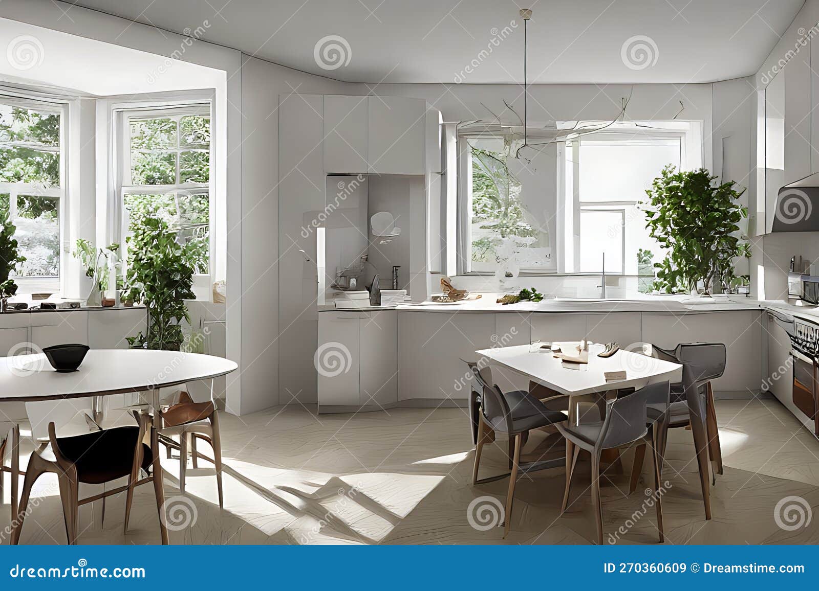 Modern Kitchen with White Background and Plants Big Windows and Seating ...