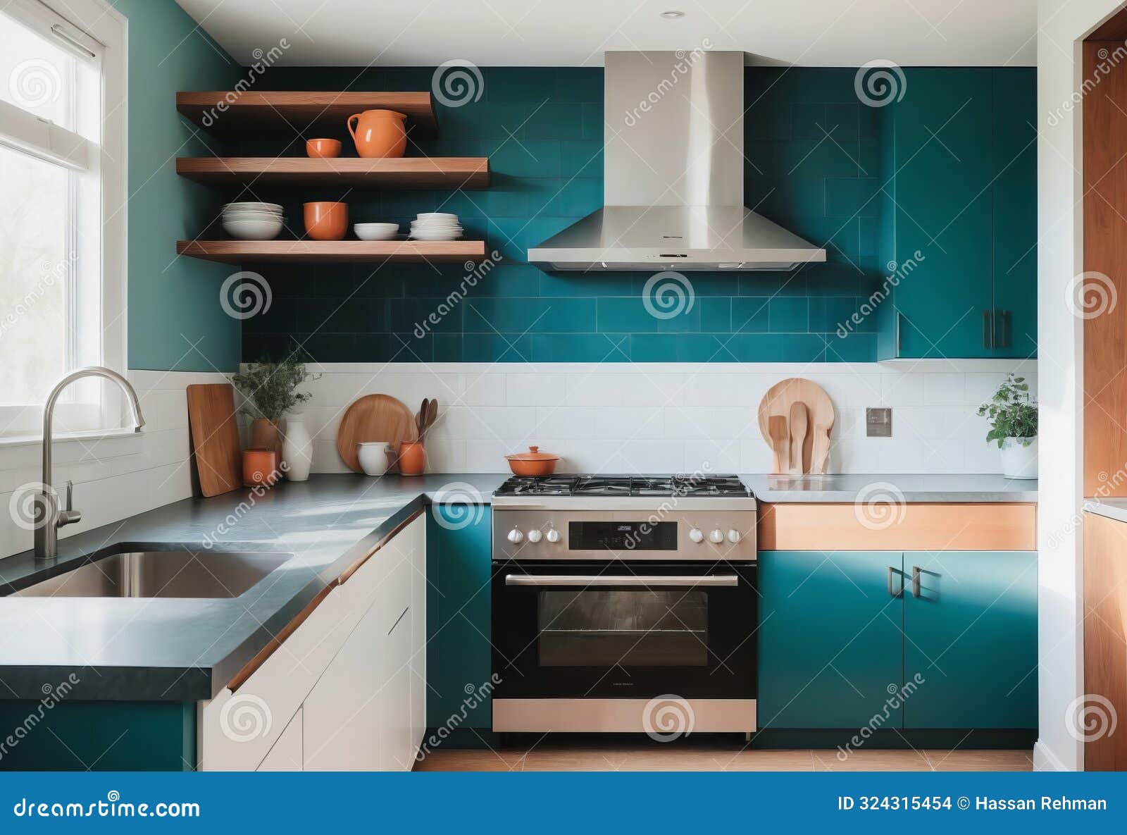 Modern Kitchen with White Cabinets and Steel Accents Stock Illustration ...