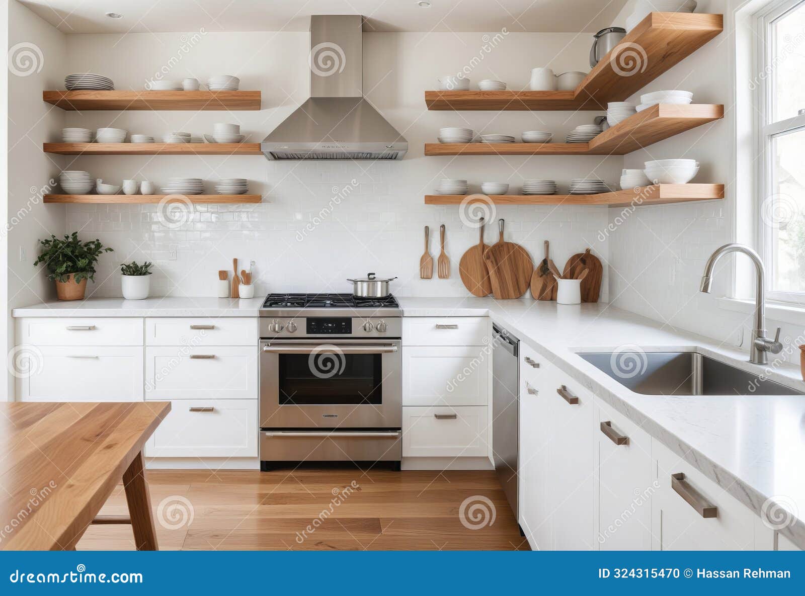 Modern Kitchen with White Cabinets and Steel Accents Stock Illustration ...