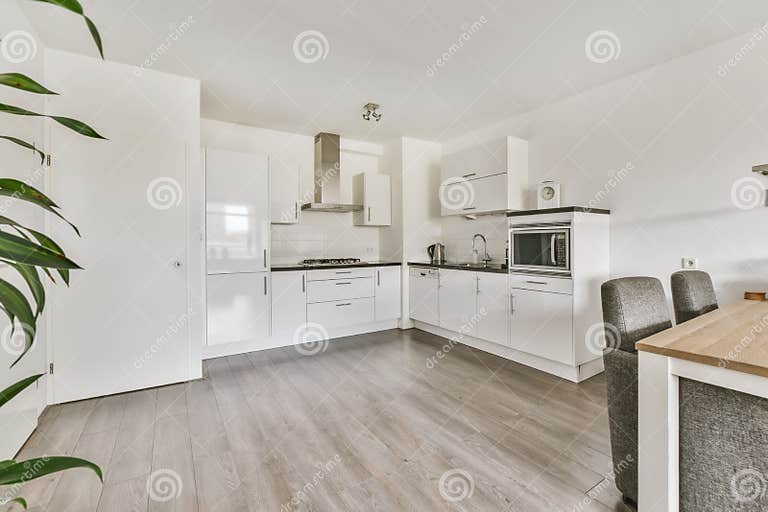 Modern Kitchen with White Kitchen Unit Stock Image - Image of ...