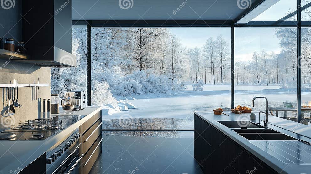 Modern Kitchen with Window View of Snowy Forest Stock Illustration ...