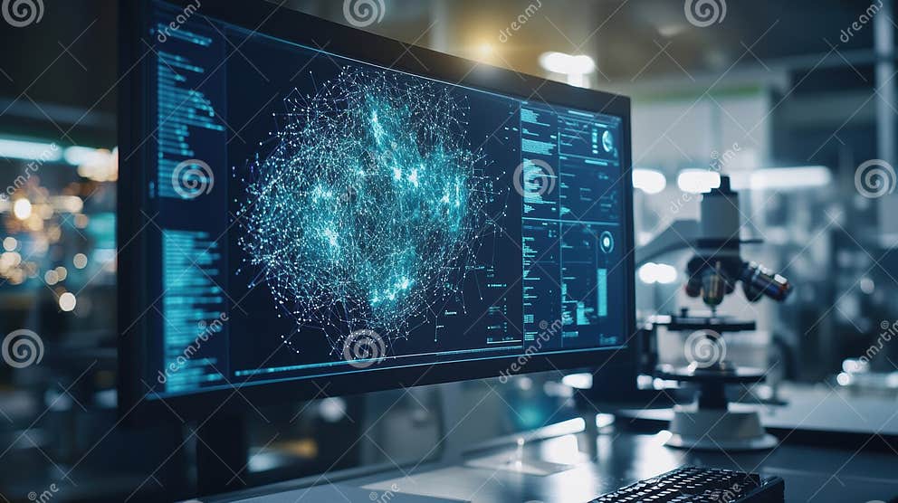 Modern Laboratory Computer Showing Futuristic Interface with Network ...