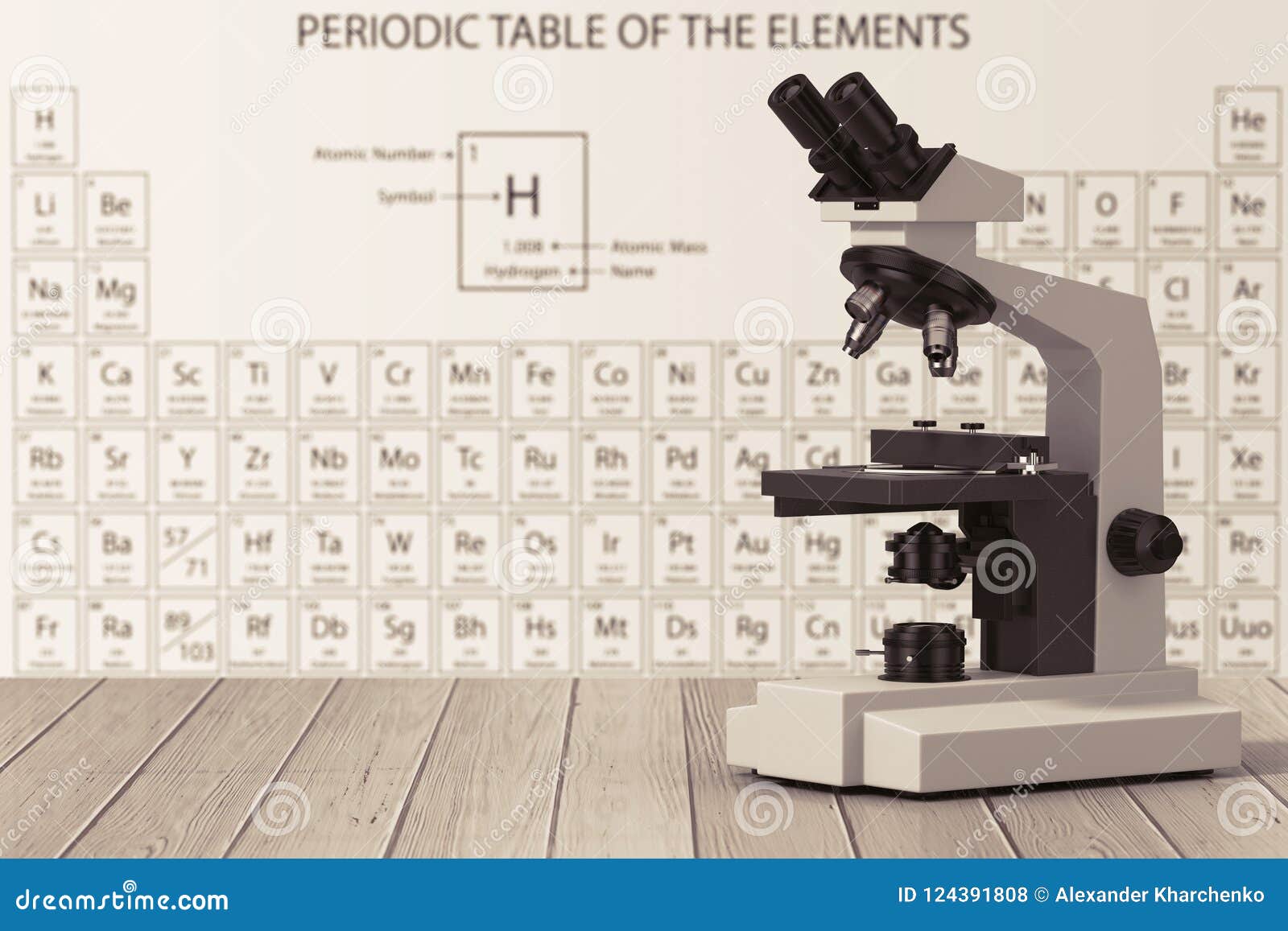 Modern Laboratory Microscope in Front of Periodic Table of Elements. 3d ...