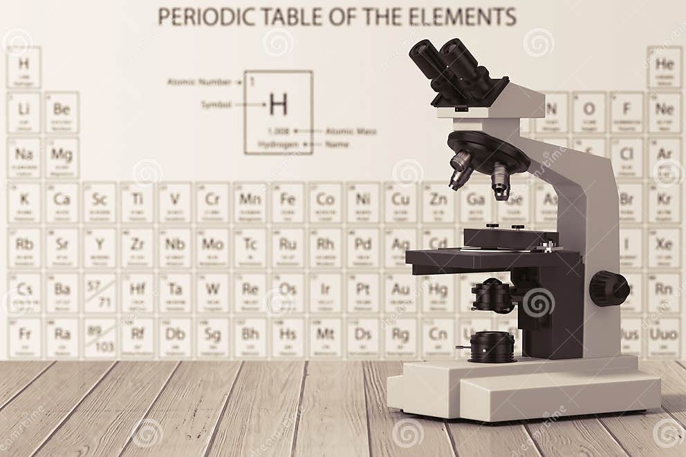 Modern Laboratory Microscope in Front of Periodic Table of Elements. 3d ...